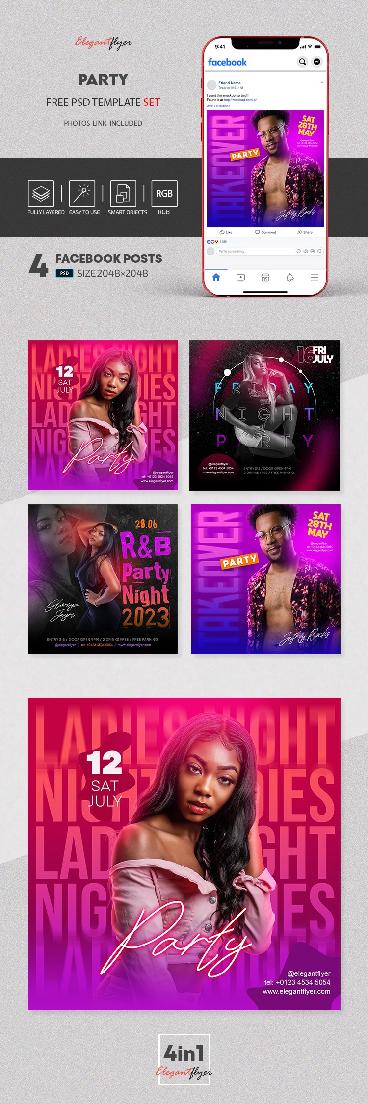 Pink Glow Party Free Facebook Post Templates Set In PSD Free Social 