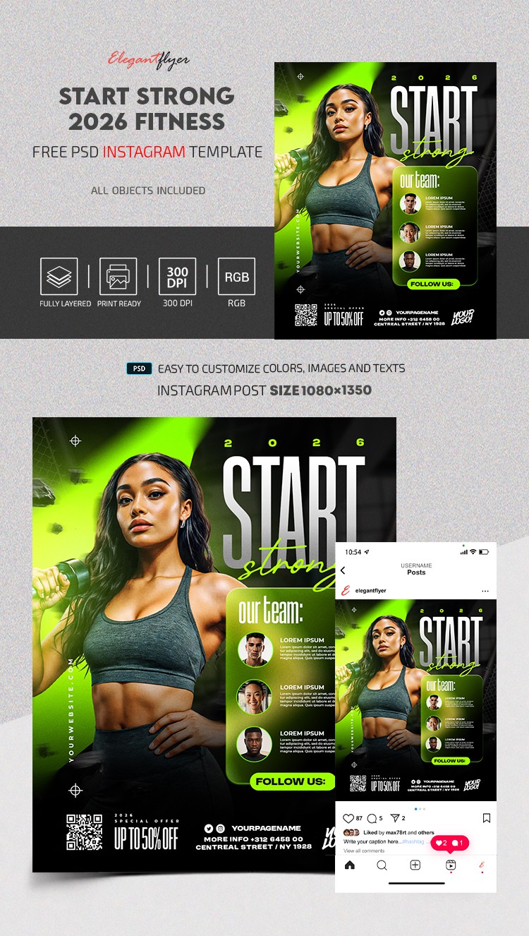 Green Brilho Comece Forte 2026 Fitness Instagram Post Free Modelo de ...