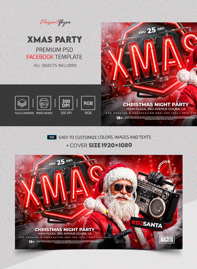 Red Bright Xmas Party Flyer Facebook Post Premium Social Media Template PSD