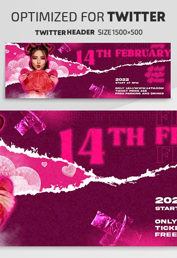 Pink Simple 14th February Party Twitter Premium Social Media Template PSD