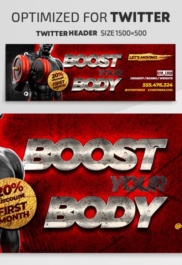 Red Simple Boost Your Body GYM Twitter Premium Social Media Template PSD