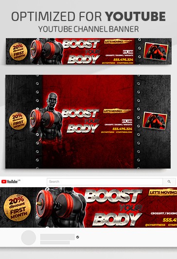 Red Simple Boost Your Body GYM Youtube Premium Social Media Template PSD