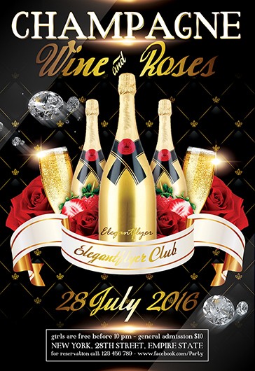 Black and Gold Luxury Champagne Wine & Roses Premium Flyer Template PSD