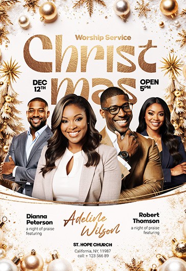 Gold Luxury Christmas Worship Service Premium Flyer Template PSD | by ...