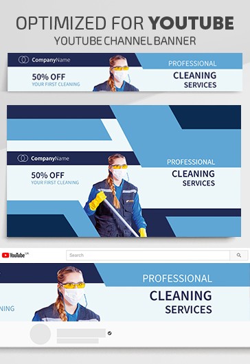 Blue Minimalist Cleaning Services Youtube Premium Social Media Template PSD