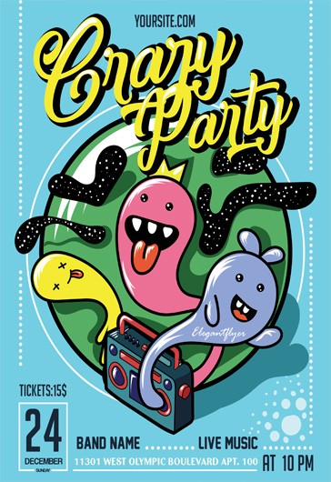 Blue Illustrated Crazy Party Premium Flyer Template PSD | by Elegantflyer