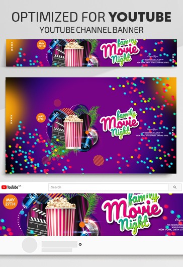 Pink Creative Family Movie Night Youtube Premium Social Media Template PSD