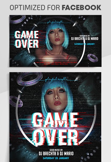 Black Glitch Game Over Party Facebook Premium Social Media Template PSD