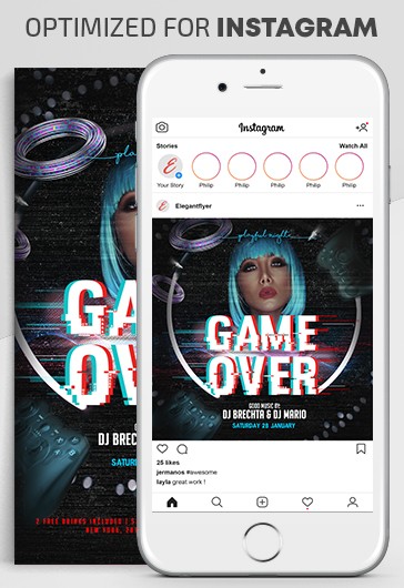 Black Glitch Game Over Party Instagram Premium Social Media Template PSD
