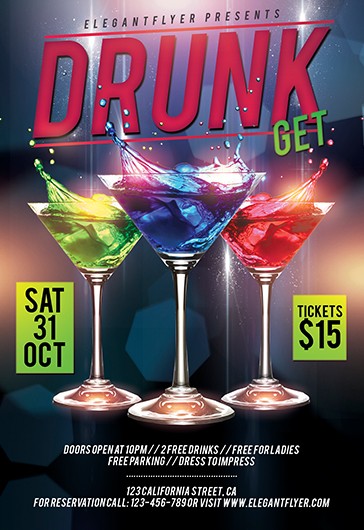 Blue Glow Get Drunk Party Premium Flyer Template PSD | by Elegantflyer