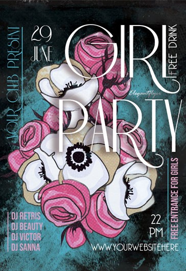 Blue Illustrated Girl Party Premium Flyer Template PSD | by Elegantflyer