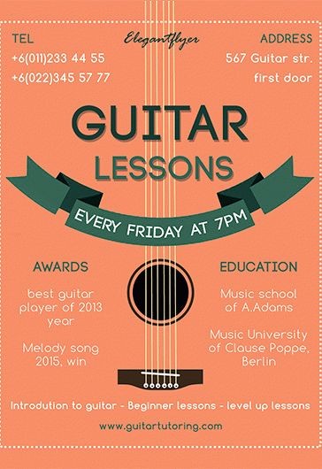 Orange Illustrated Guitar Lessons Free Flyer Template PSD | by Elegantflyer