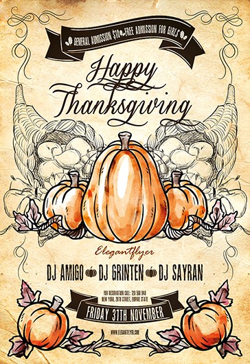 White Illustrated Happy Thanksgiving Premium Flyer Template PSD | by ...