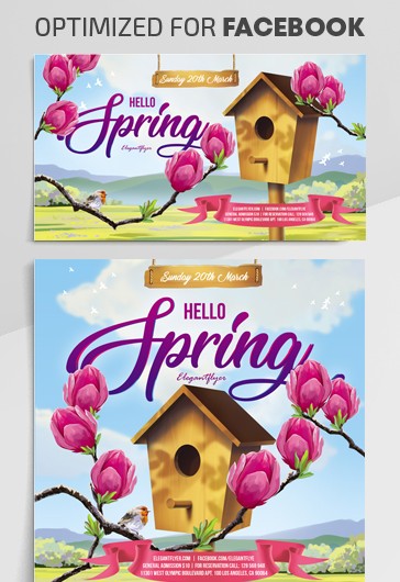 Blue Illustrated Hello Spring Facebook Premium Social Media Template PSD