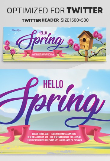 Blue Illustrated Hello Spring Twitter Premium Social Media Template PSD