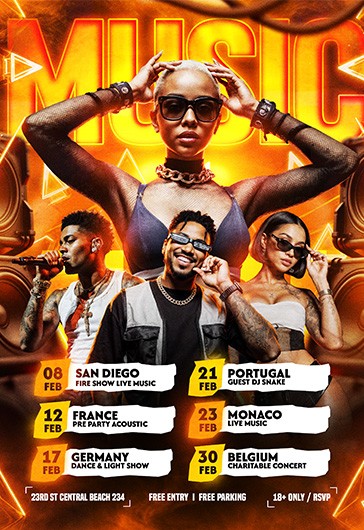 Orange Bright Live Music Night Free Flyer Template PSD | by Elegantflyer