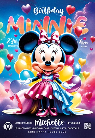 Multicolor Illustrated Minnie Mouse Birthday Premium Flyer Template PSD