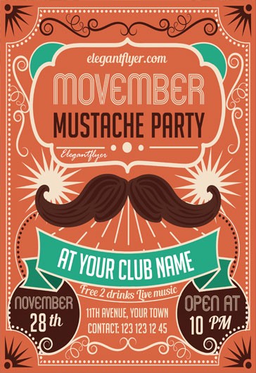 Orange Illustré Soirée Moustache Movember Premium Modèle de flyer PSD ...