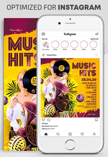 Yellow Creative Music Hits Instagram Premium Social Media Template PSD