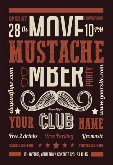 Brown Illustrated Mustache Party Free Flyer Template PSD | by Elegantflyer