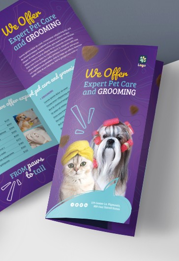 Purple Modern Pet Grooming Tri-Fold Brochure Premium Brochure Template PSD