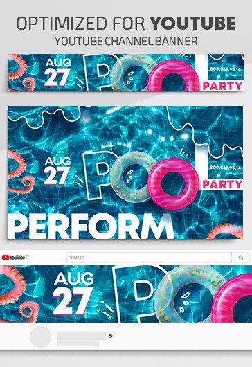 Bleu Créatif Fête de piscine Youtube Premium Modèle de médias sociaux ...