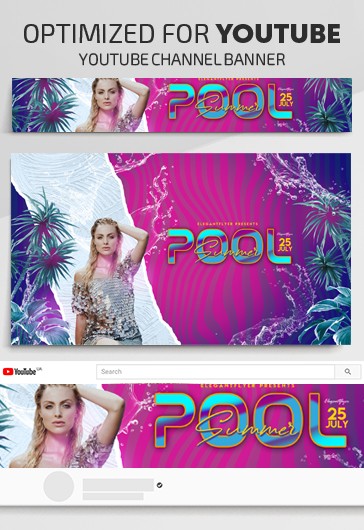 Pink Watercolor Pool Summer Party Youtube Premium Social Media Template PSD