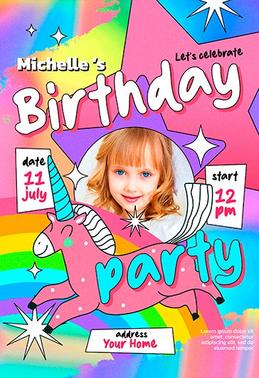 Yellow Colorful Birthday Girl Party Premium Invitation Template PSD ...