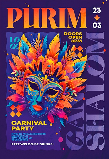 Purple Artistic Purim Party Free Flyer Template PSD | by Elegantflyer