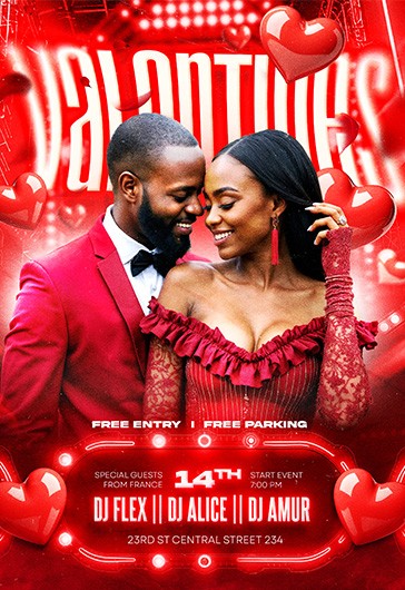 Red Fancy & Romantic Romantic Valentine’s Night Premium Flyer Template PSD