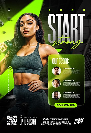 Green Glow Start Strong 2026 Fitness Poster Free Poster Template PSD ...