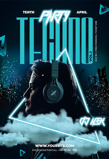 Blue Neon Techno Party Free Flyer Template PSD | by Elegantflyer