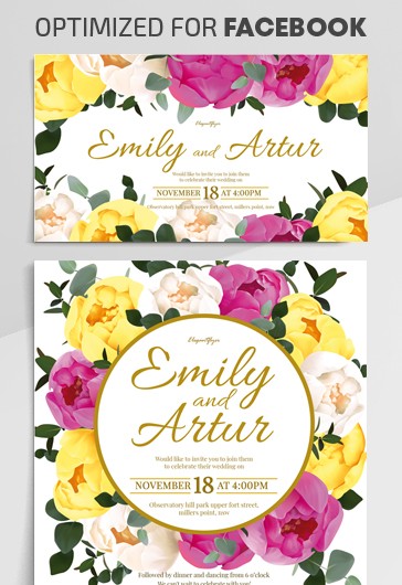 Yellow Floral & Plants Wedding Invitations Facebook Premium Social ...